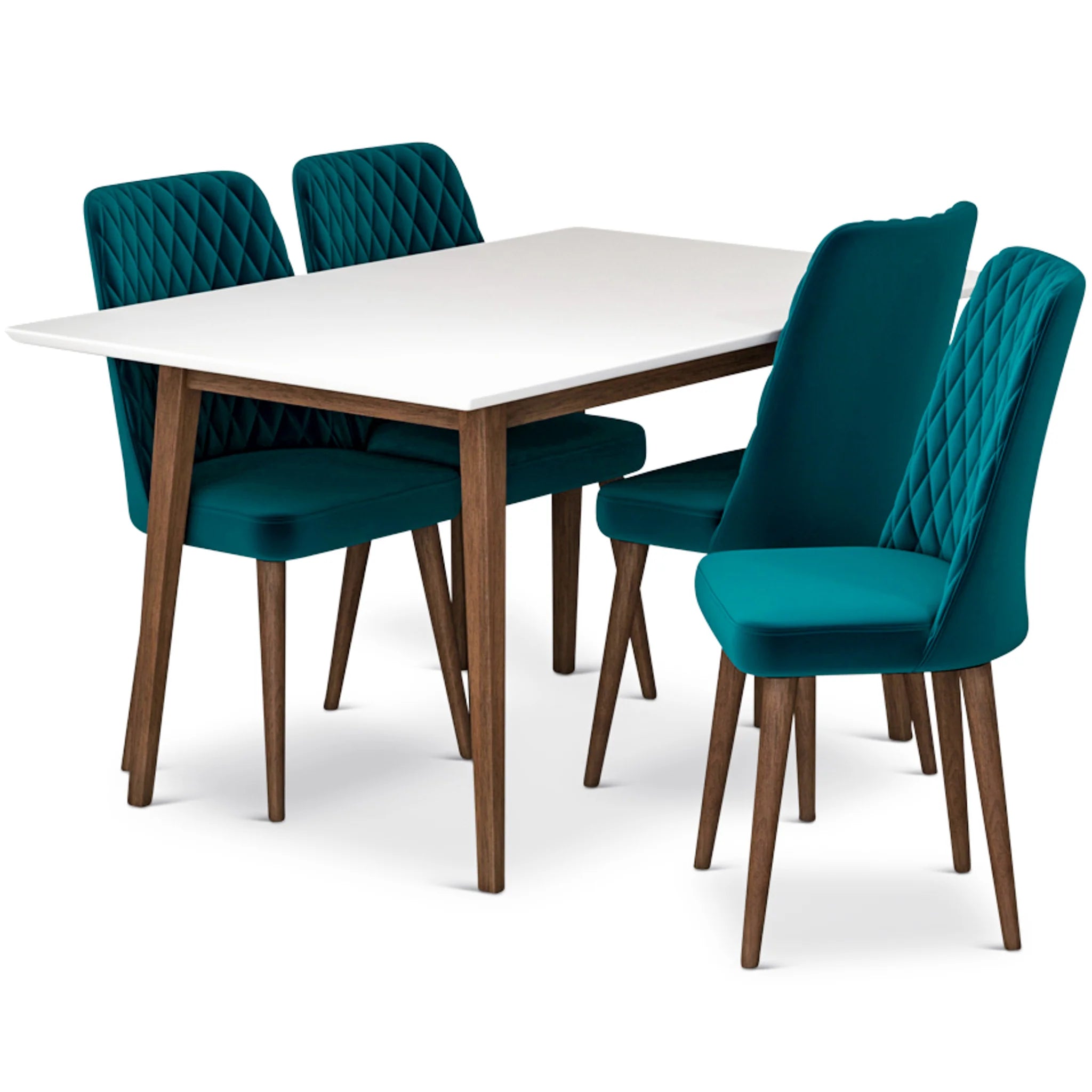 Adira Small White Dining Set With 4 Evette Teal Velvet Dining Ch